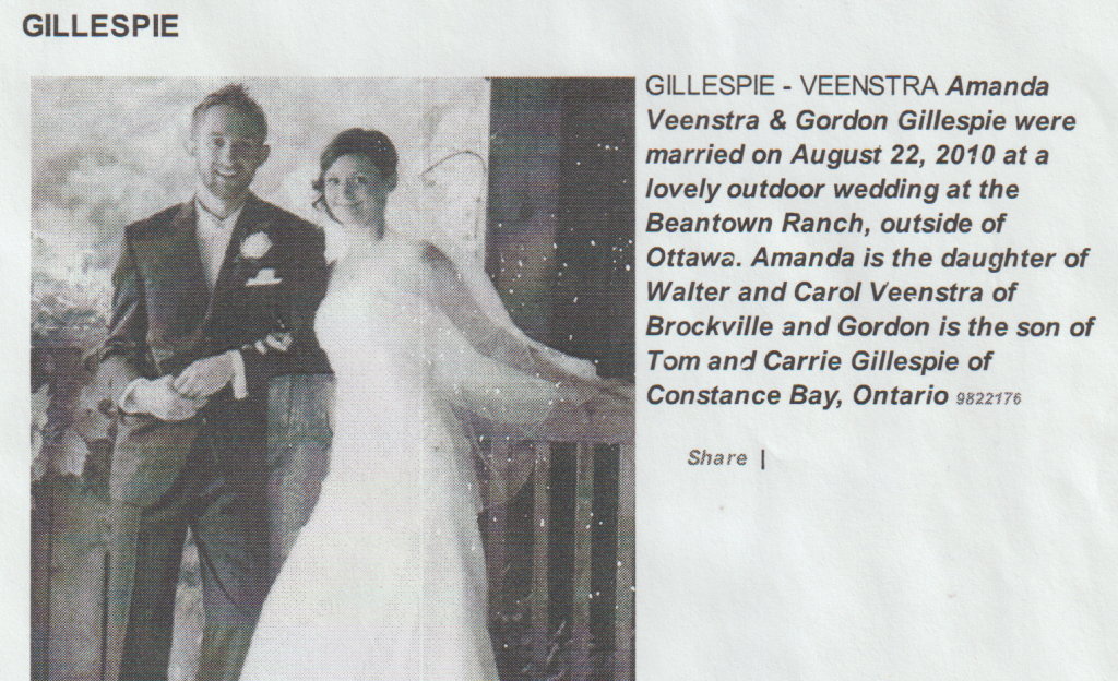 ONTARIO MARRIAGES: Gordon Gillespie & Amanda Veenstra | Gillespie ...